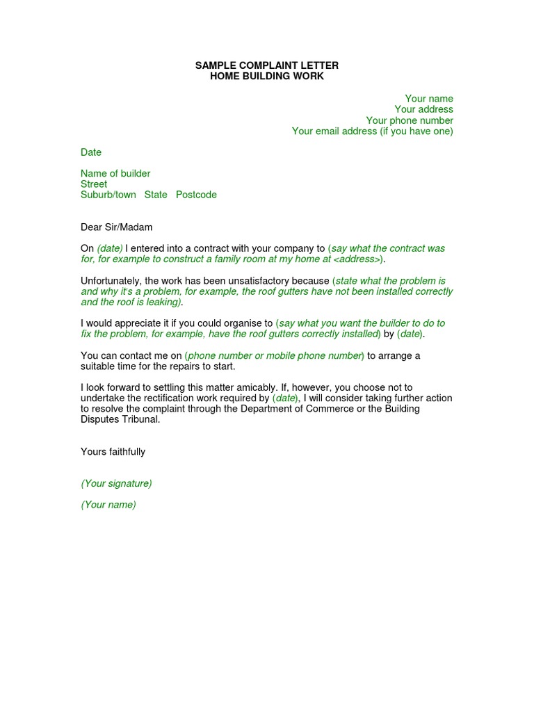 Sample Complaint Letter Home Building | PDF