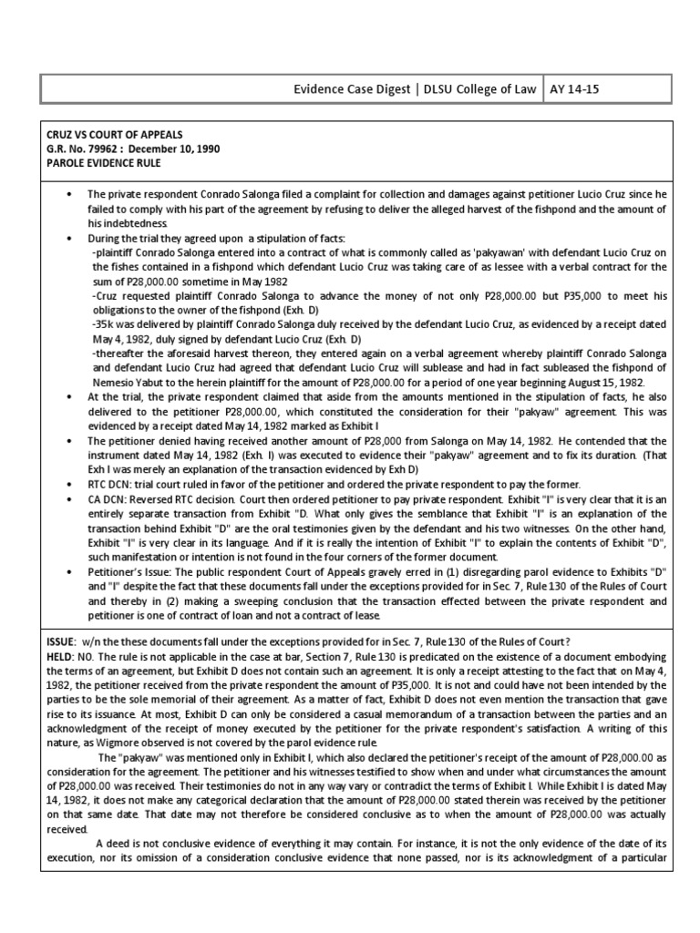 Evidence Case Digest - DLSU College of Law AY 14-15 | Download Free PDF ...