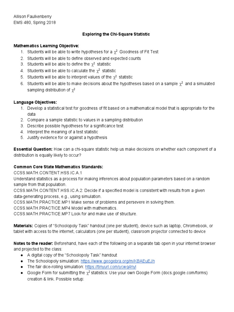 Schoolopoly Lesson Plan | Download Free PDF | Chi Squared Test ...