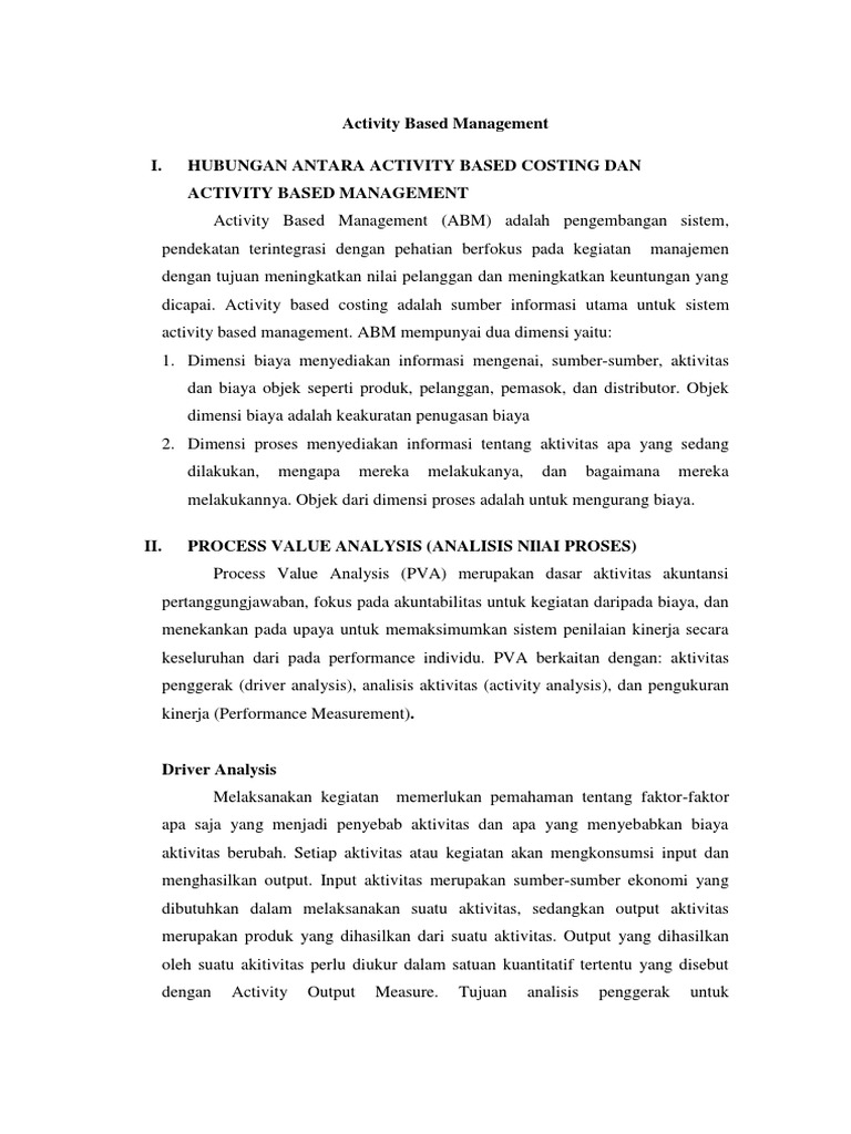 Activity Based Management I. Hubungan Antara Activity Based Costing Dan ...