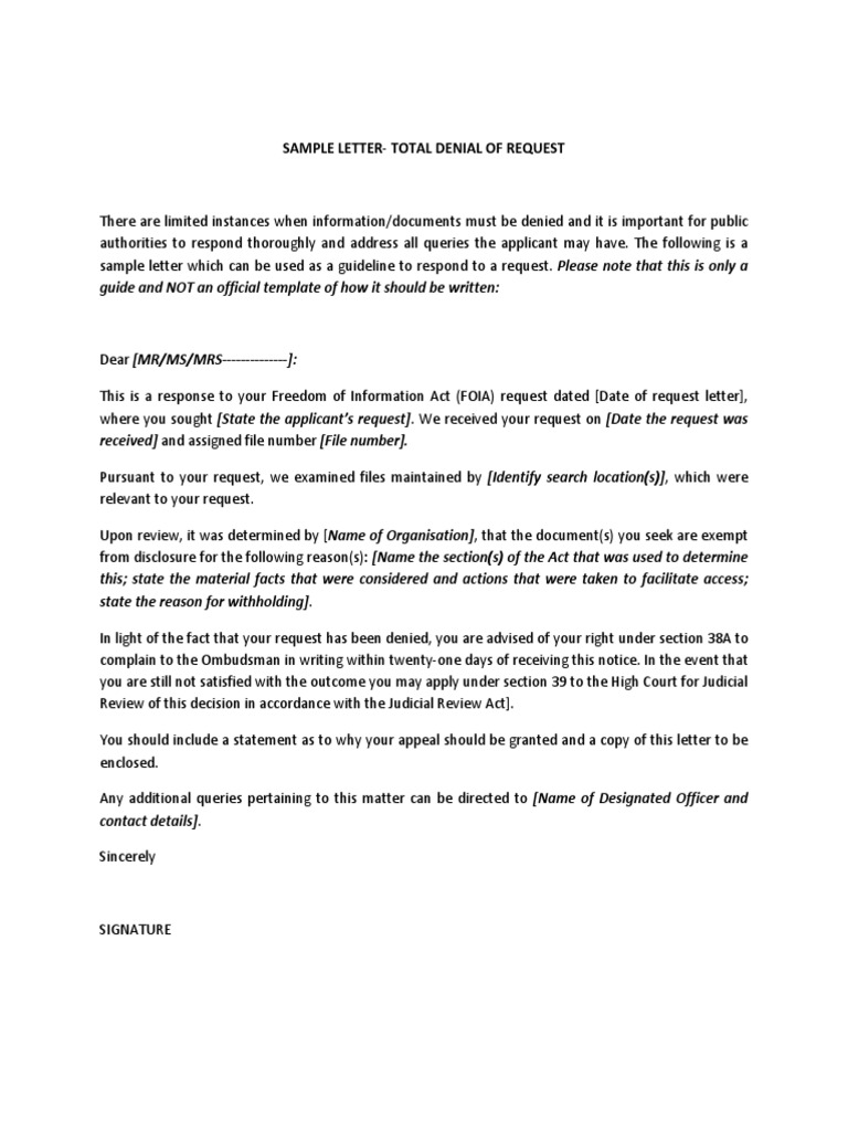 Sample Letter-Total Denial Of Request