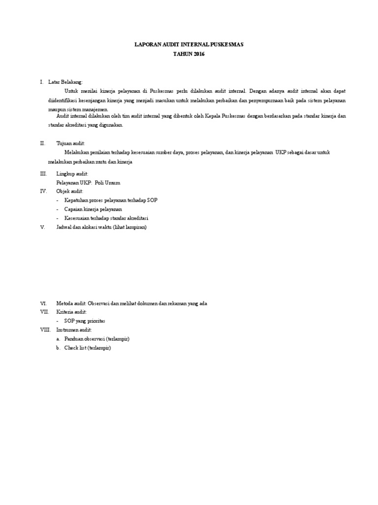 Contoh Rencana Audit Internal Ukp Puskesmas PDF | PDF