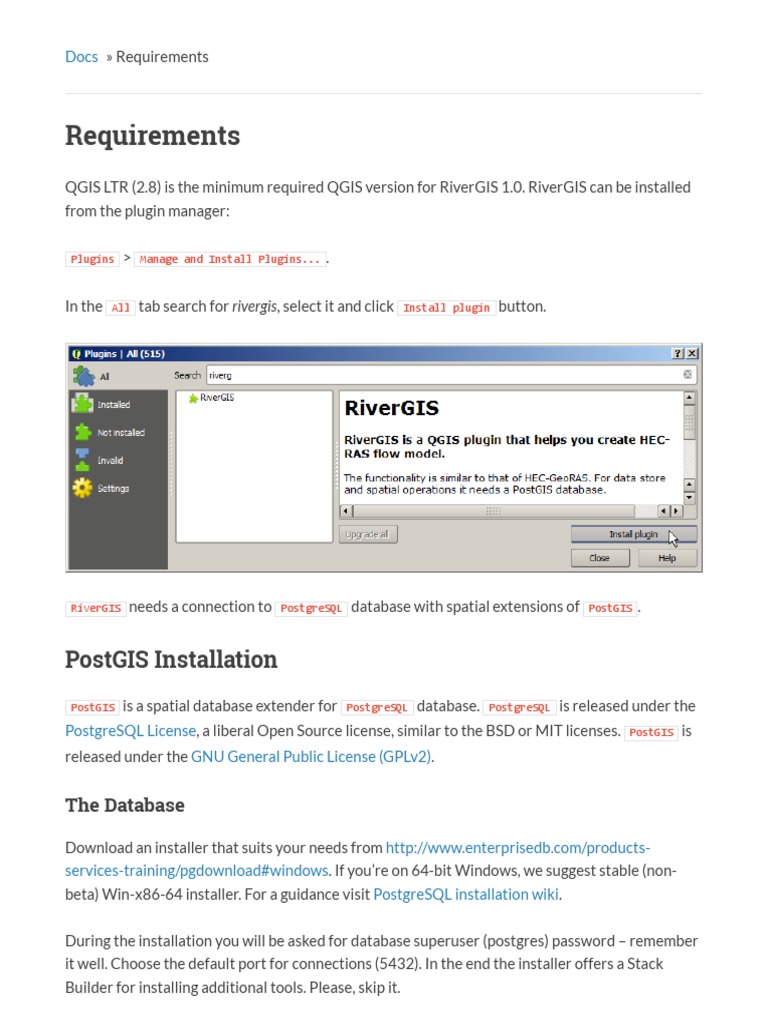 Requirements - RiverGIS 1.0 Documentation | PDF | Postgre Sql | Data Management Software