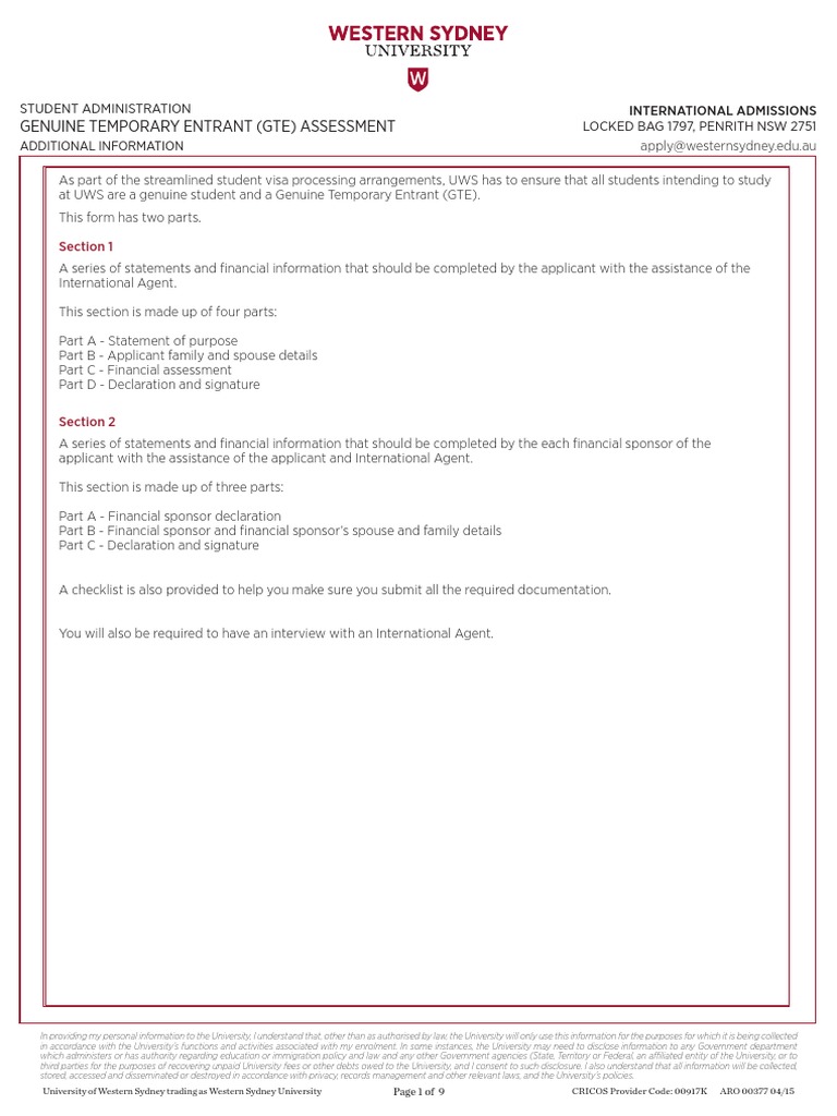 Genuine Temporary Entrant (Gte) Assessment: Section 1