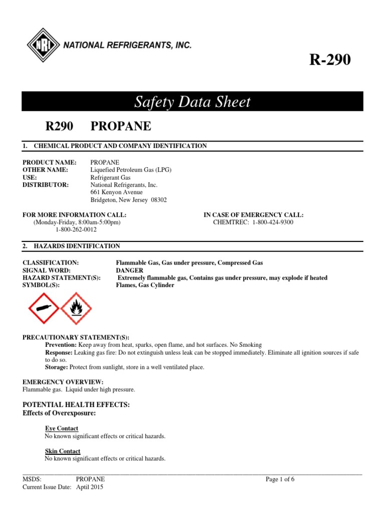 Safety Data Sheet: R290 Propane | Download Free PDF | Propane | Toxicity