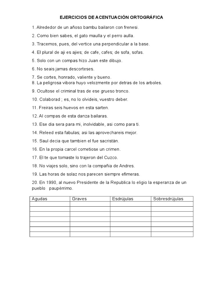 Ejercicios de Acentuación Ortográfica