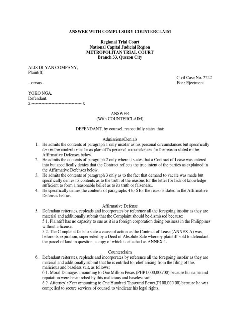 Answer With Compulsory Counterclaim (Ejectment) | PDF | Lawsuit | Complaint