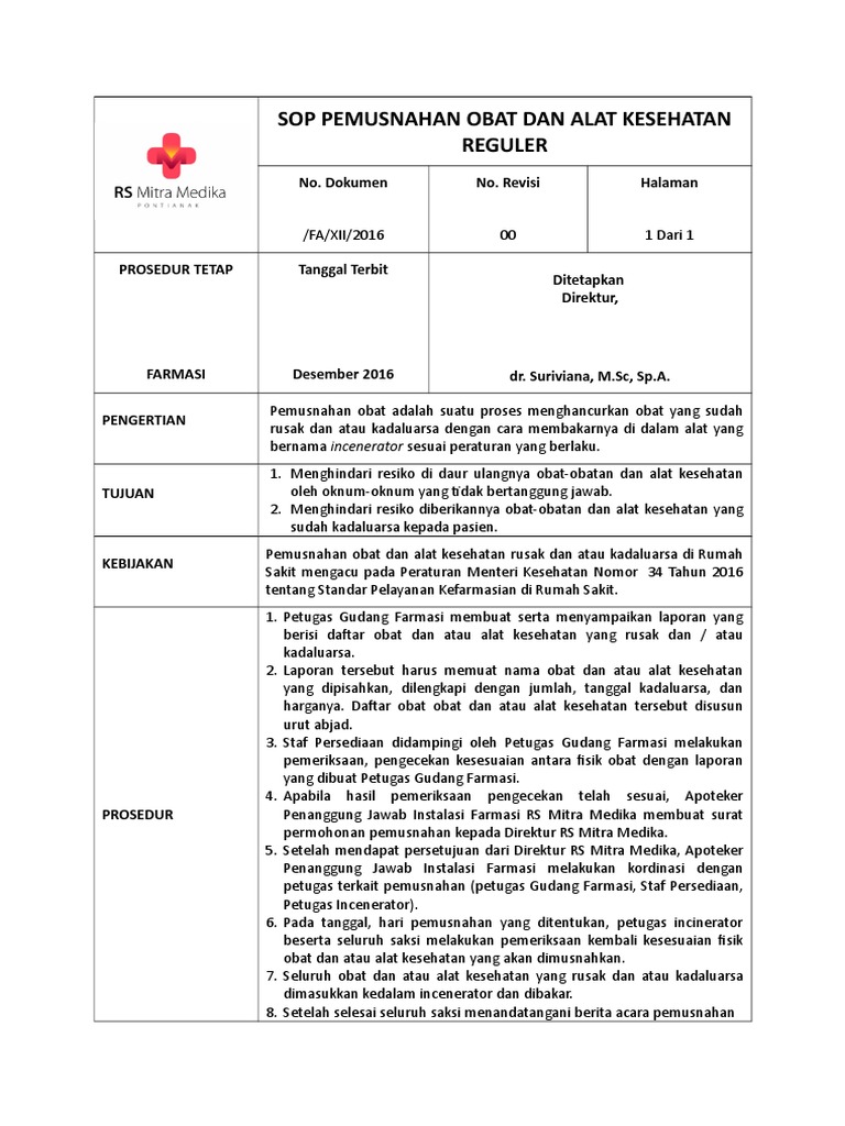 Sop Pemusnahan Obat Dan Alat Kesehatan Reguler | PDF