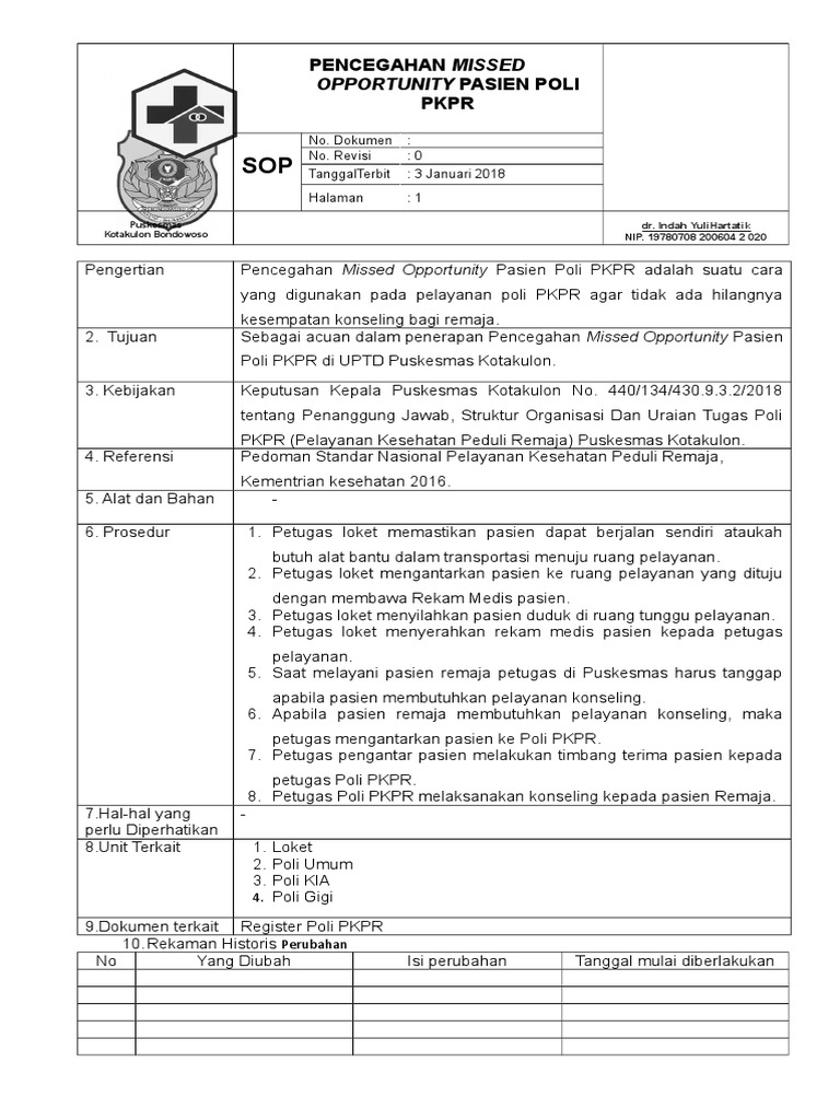 Sop Pencegahan Missed Opportunity Pasien Poli PKPR | PDF