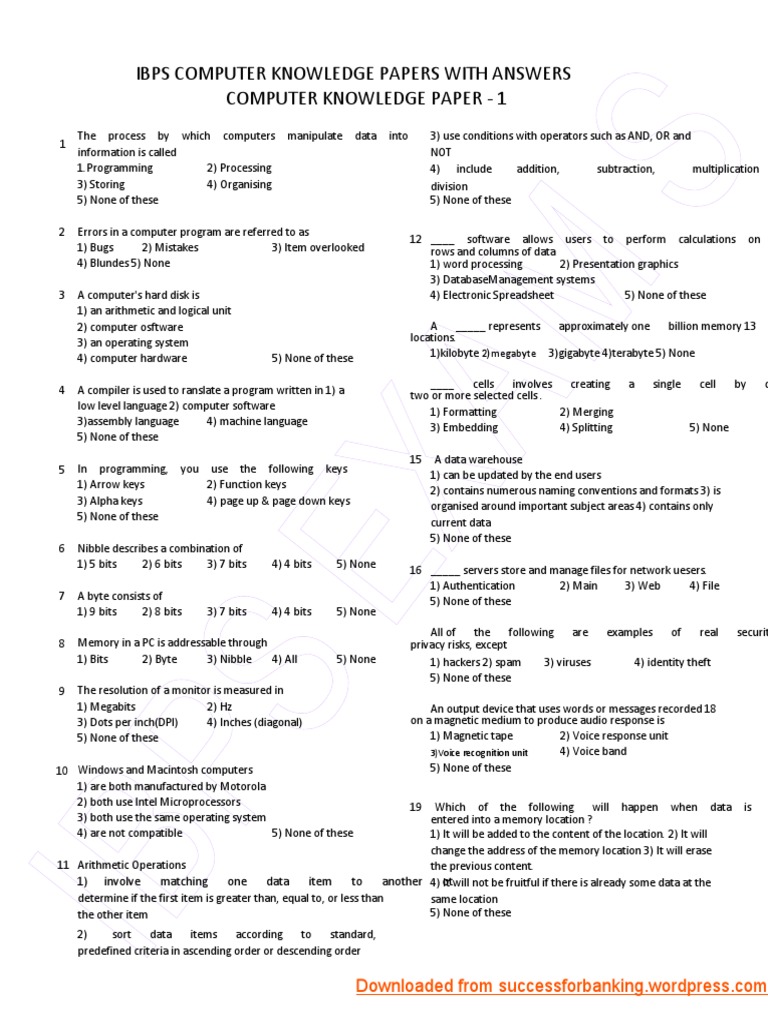 Ibps Exams: Ibps Computer Knowledge Papers With Answers Computer ...