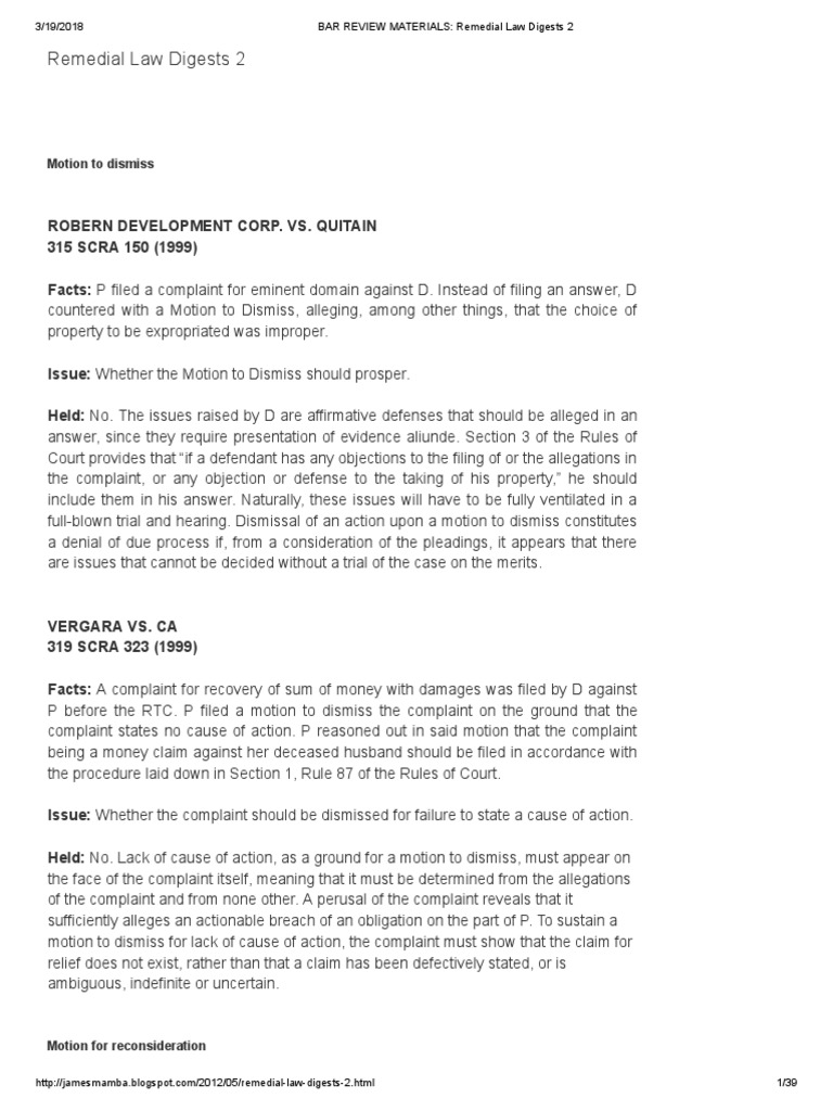 Bar Review Materials Remedial Law Digests | PDF | Injunction | Affidavit