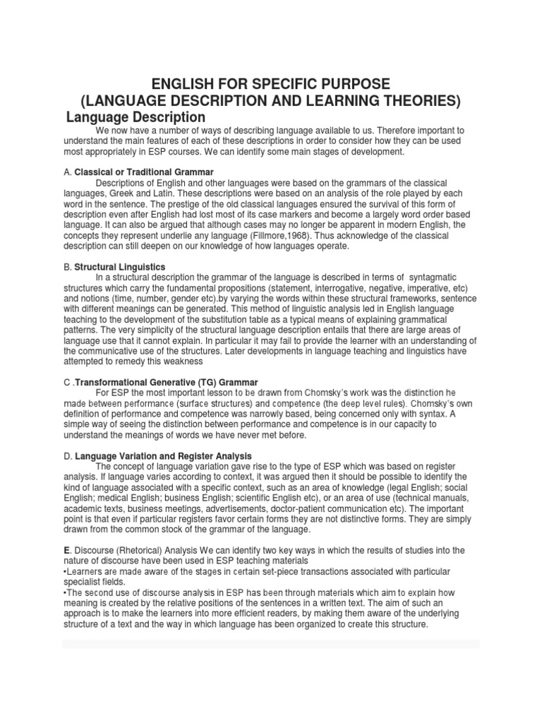 English For Specific Purpose | PDF | English Language | Linguistics