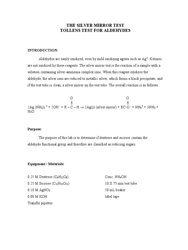 Silver Mirror Test - Tollens Test For Aldehydes | PDF | Molecules ... Silver Mirror Test - Tollens Test For Aldehydes | PDF | Molecules ...