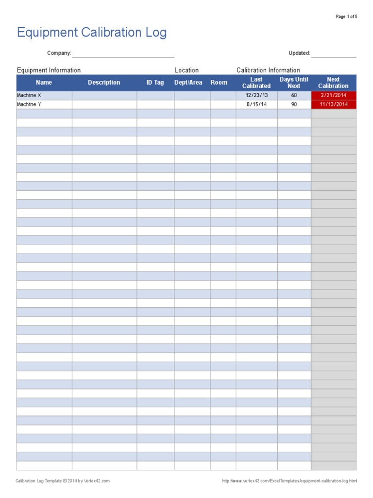 Equipment Calibration Log | PDF | Worksheet | Spreadsheet