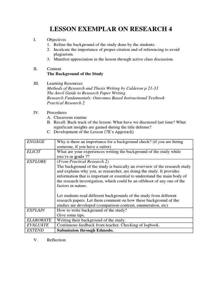 Lesson Exemplar On Research 4: The Background of The Study | PDF
