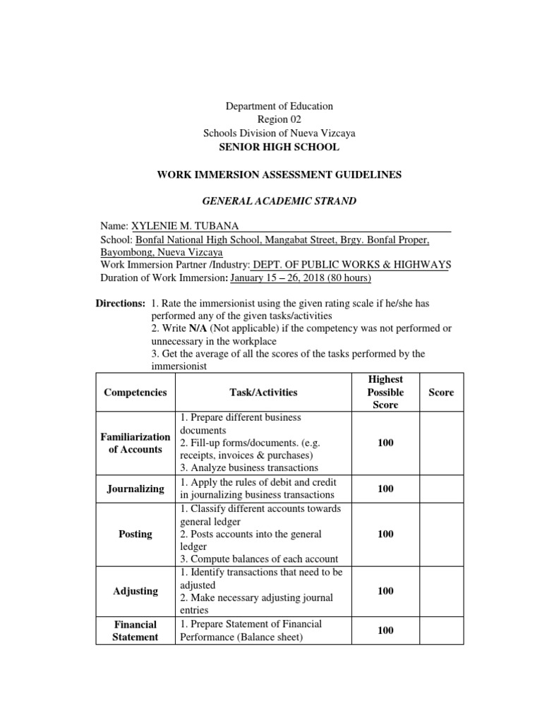 Work Immersion Assessment Guidelines for DPWH | PDF | Debits And ...
