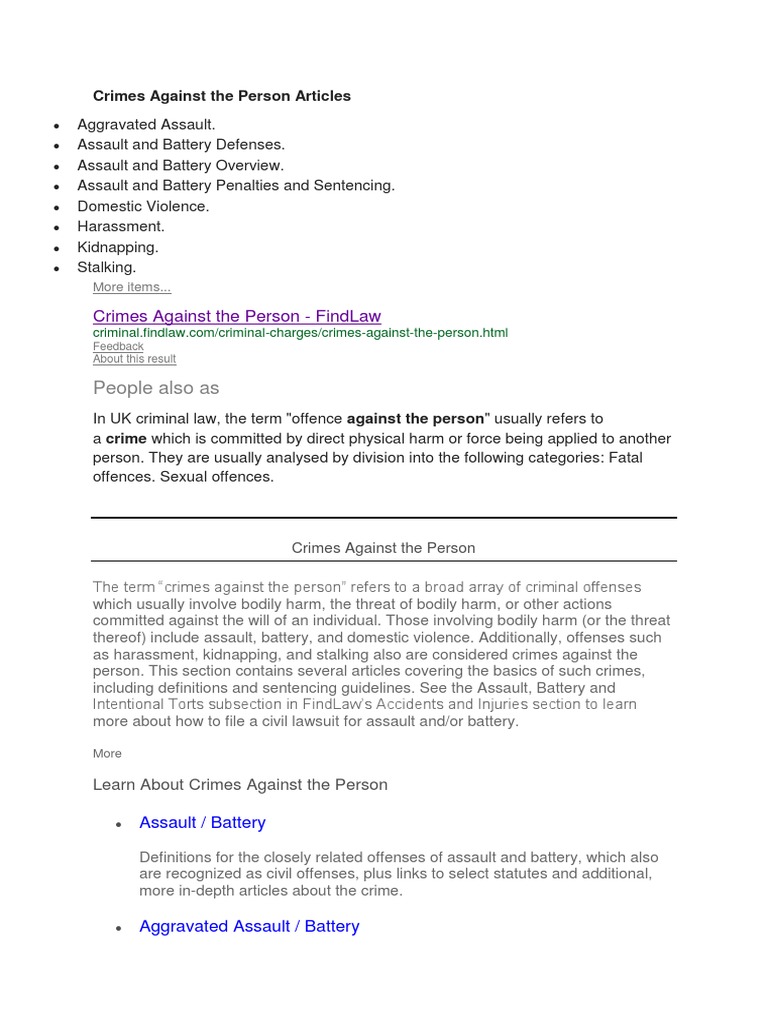 Crimes Against the Person: An Overview of Offenses Involving Bodily ...