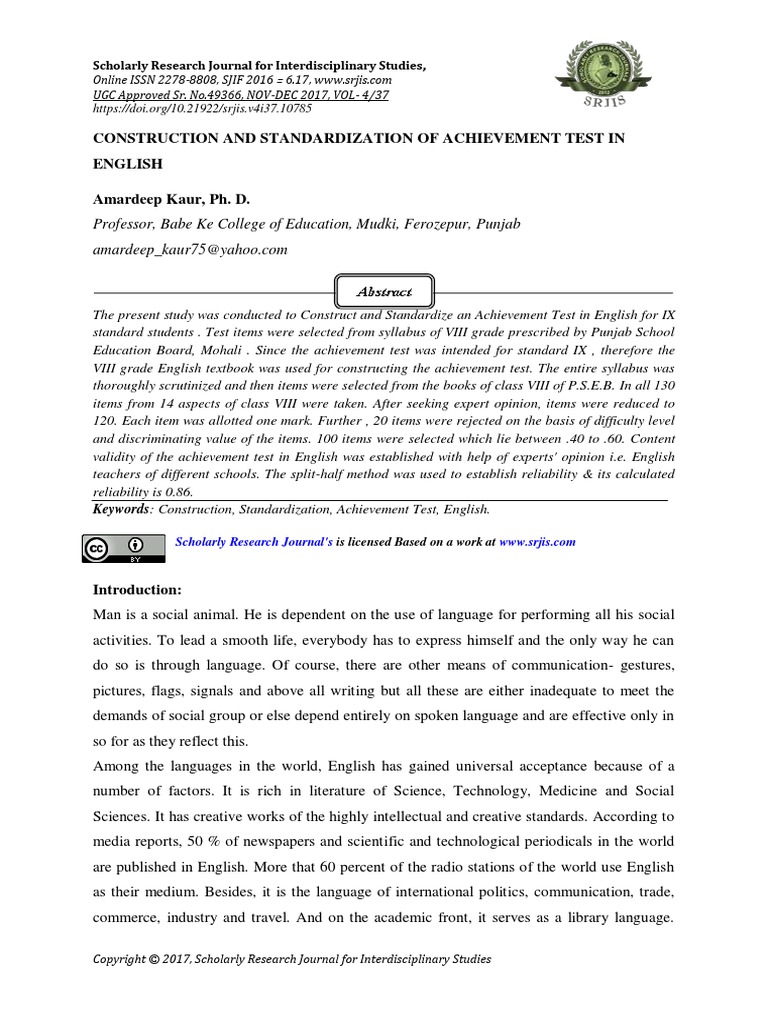 Construction and Standardization of Achievement Test in English | PDF ...