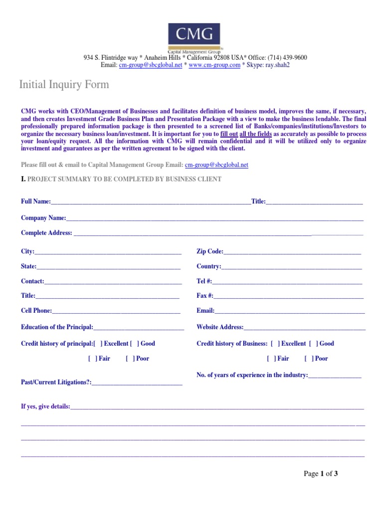 Initial Inquiry Form: 934 S. Flintridge Way Anaheim Hills California ...