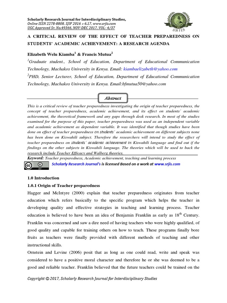 A Critical Review of The Effect of Teacher Preparedness On Students ...