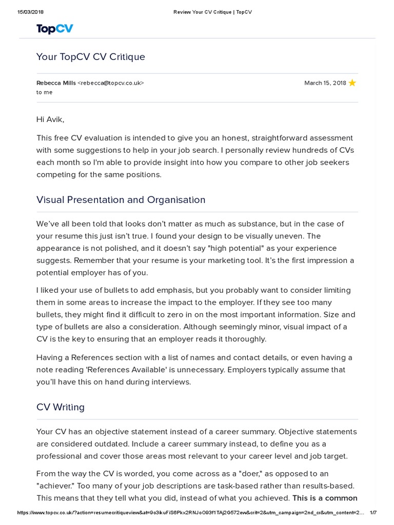 Your Topcv CV Critique: Rebecca Mills March 15, 2018 To Me | PDF ...