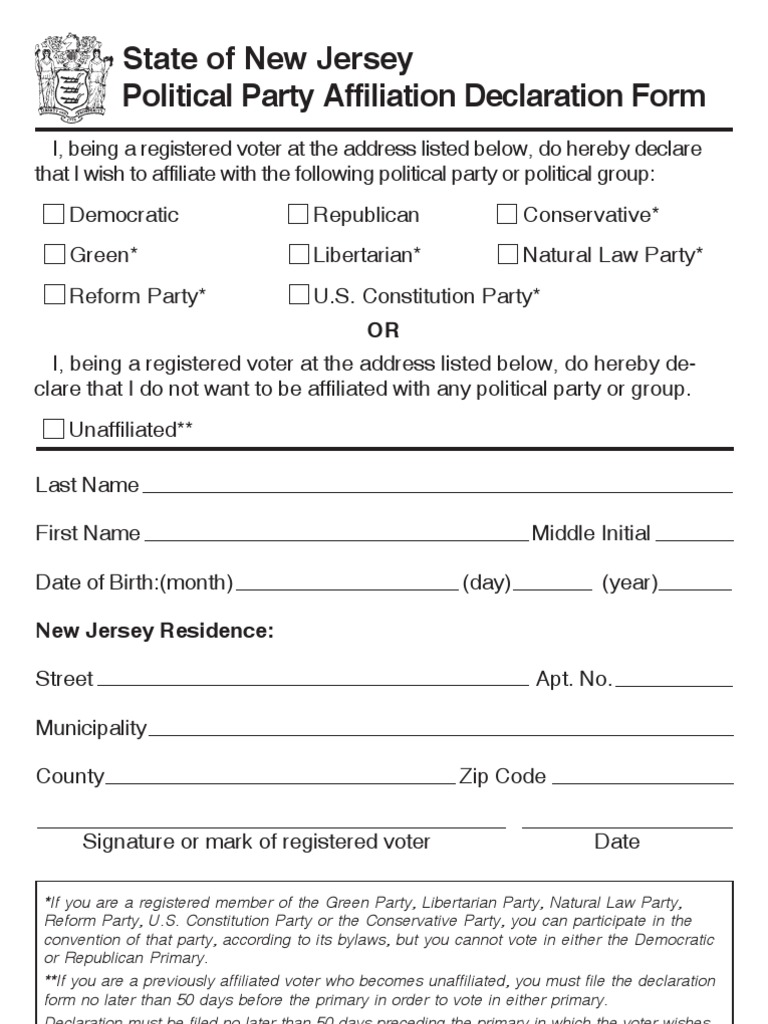 NJ Political Party Affiliation Form | PDF | Politics