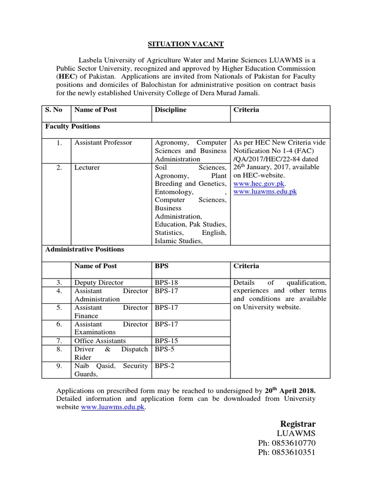 Situation Vacant: WWW - Hec.gov - PK WWW - Luawms.edu - PK | Download ...