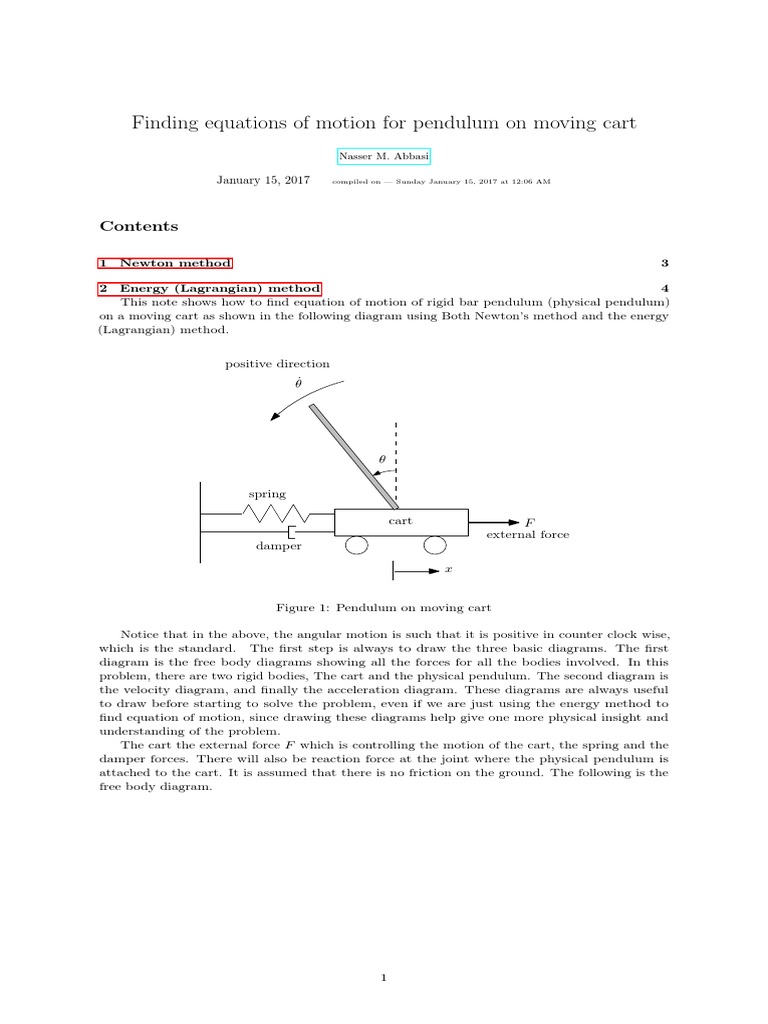 Cart and Pendulum 2 DOF Equations of Motion Legal | PDF | Lagrangian ...