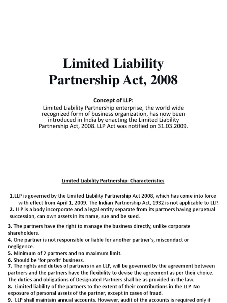 Limited Liability Partnership Act, 2008: Concept of LLP | PDF