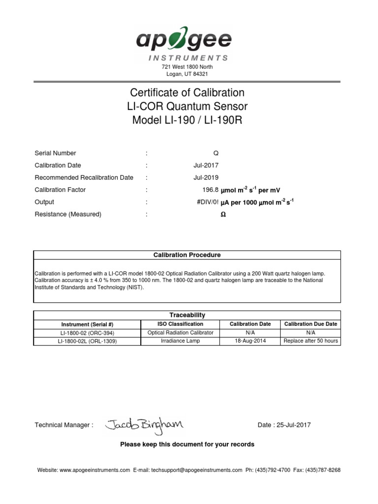 Certificate of Calibration LI-COR Quantum Sensor Model LI-190 / LI-190R ...