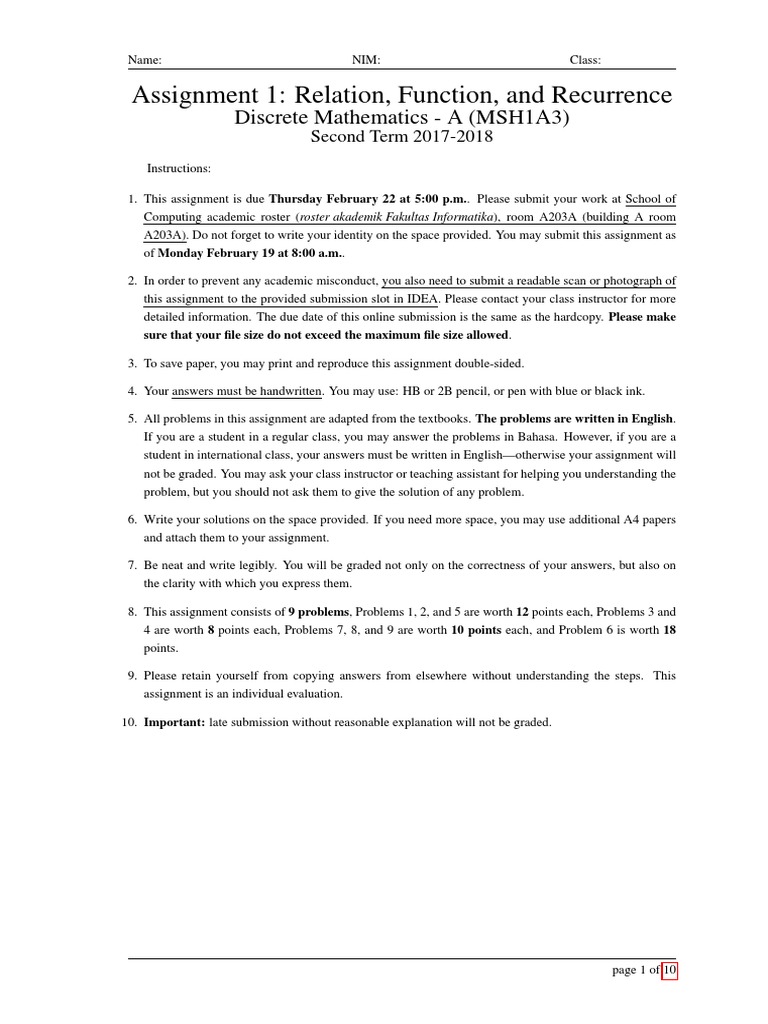 Discrete Math Assignment: Relations & Functions | PDF | Time Complexity ...