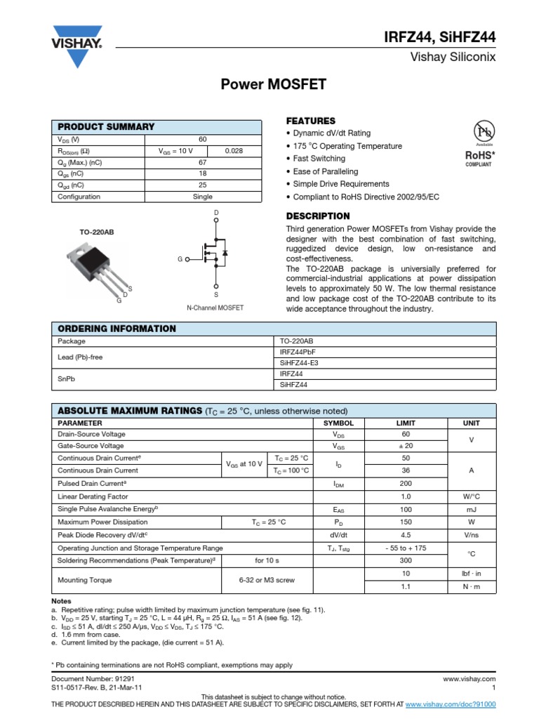 Product Summary and Specifications for the IRFZ44 Power MOSFET from ...