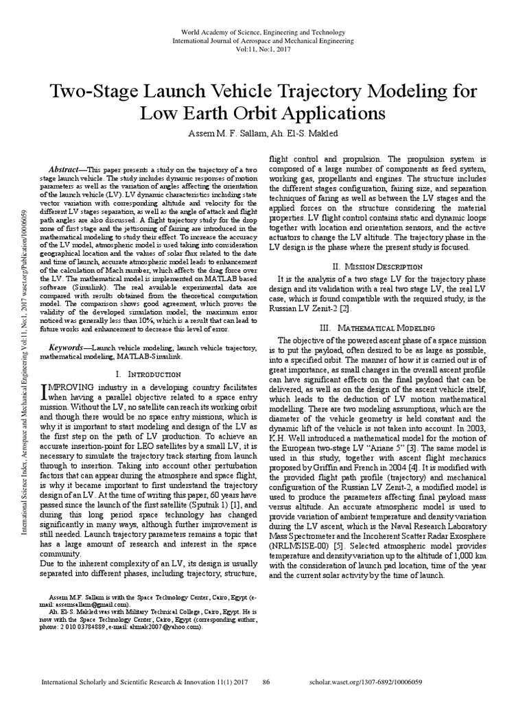Two Stage Launch Vehicle Trajectory Modeling For Low Earth Orbit ...