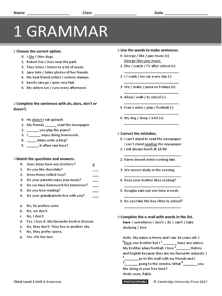 THINK L1 Unit 1 Grammar | PDF