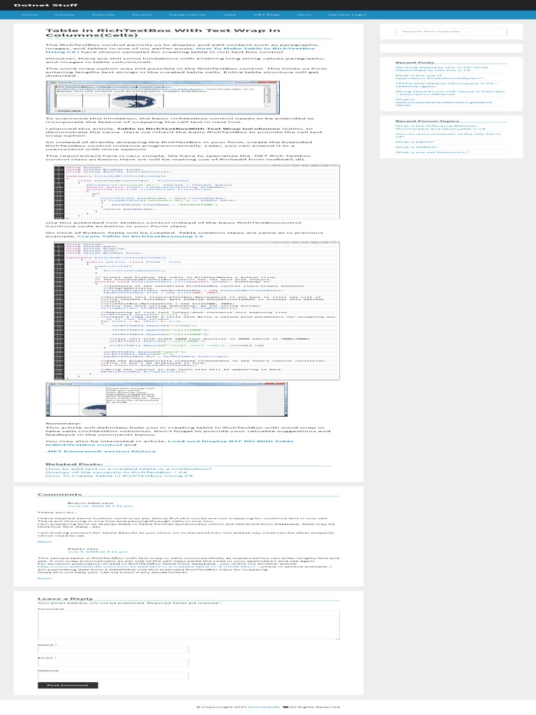 Table in RichTextBox With Text Wrap in Columns (Cells) | PDF | C Sharp (Programming Language) | Xml