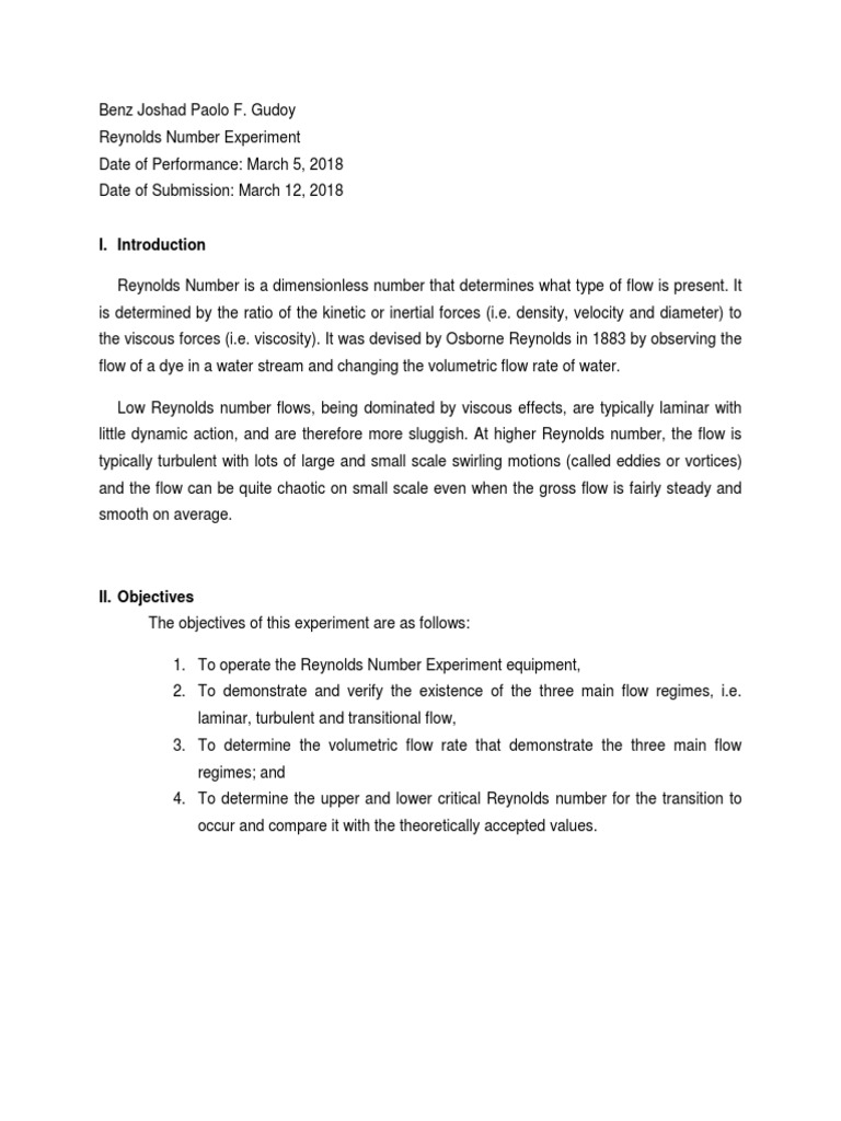 Reynolds Number Experiment Analysis | PDF | Reynolds Number | Fluid ...