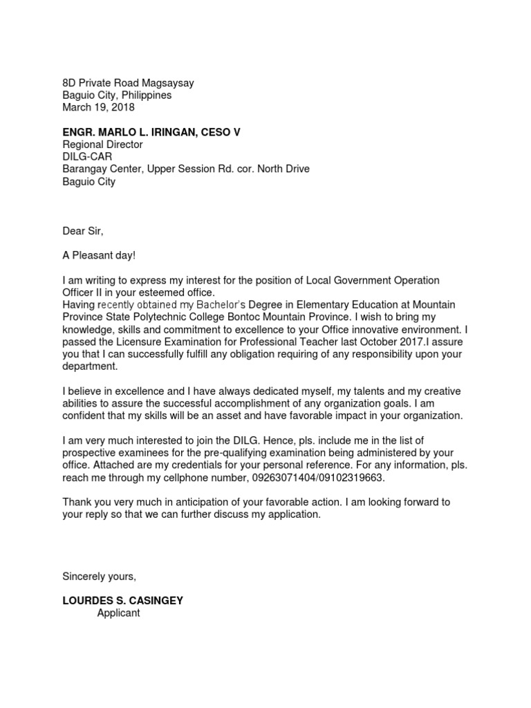 A Letter of Interest for the Position of Local Government Operation ...