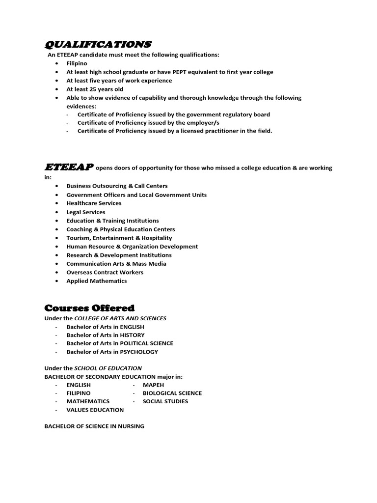 ETEEAP Qualifications and Requirements | PDF | College | Academic ...