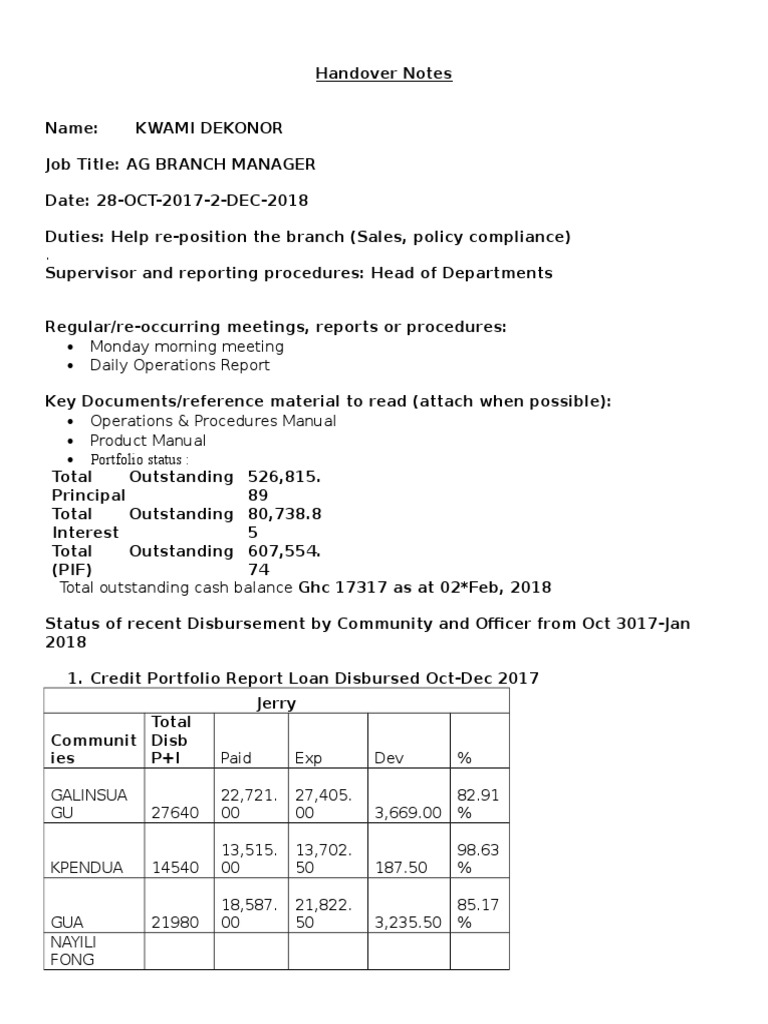 Handover Notes | PDF | Financial Services | Banking