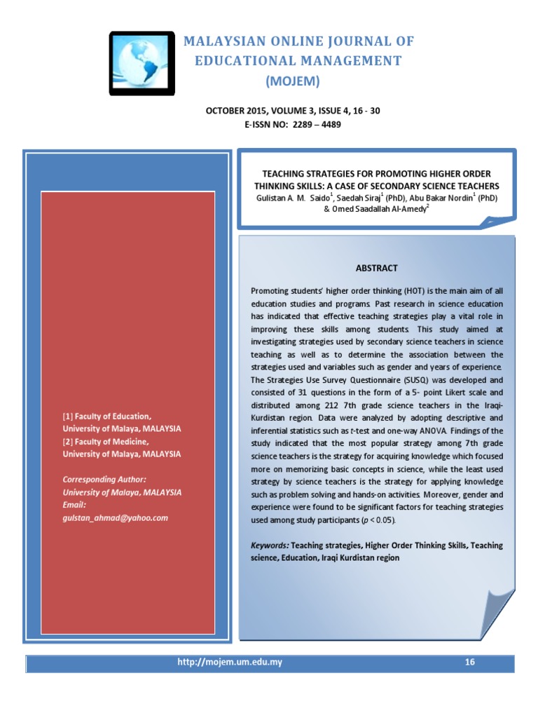 (Page 16-30) Teaching Strategies For Promoting Higher Order Thinking ...
