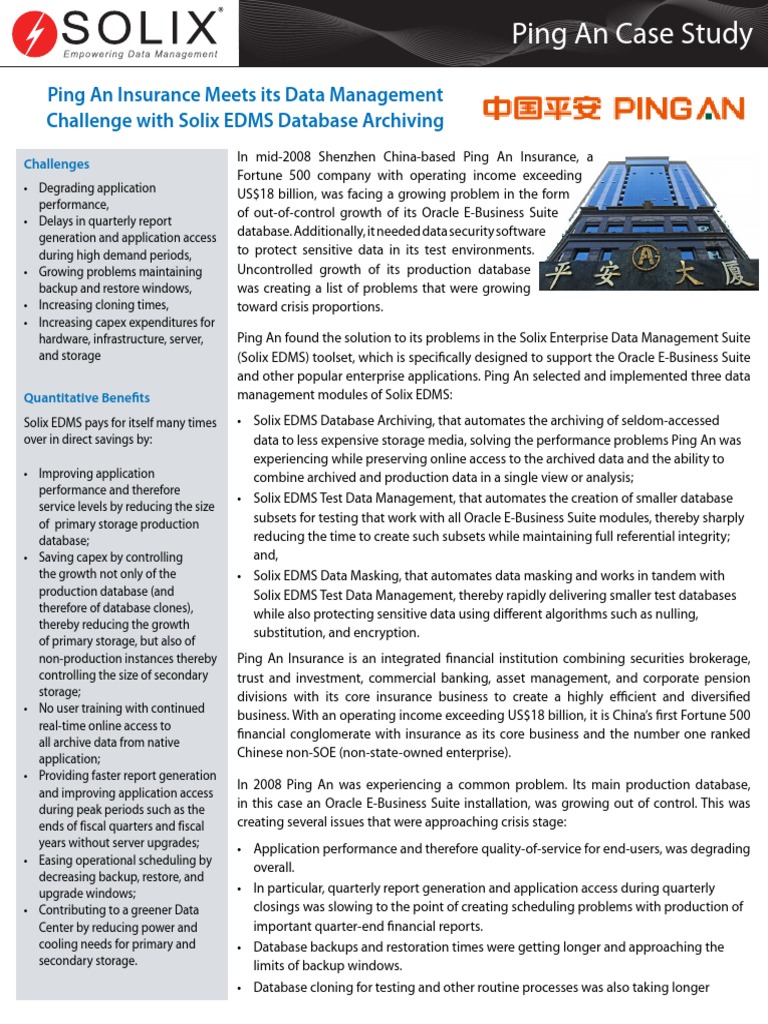 Ping An Insurance Company of China Meets Its Data Management Challenge With Solix EDMS Database ...
