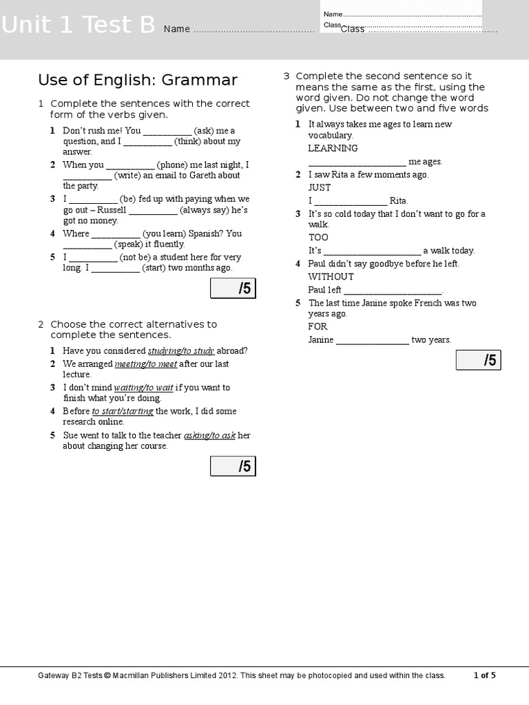 Gateway B2 Test 1B | Test (Assessment) | Internet
