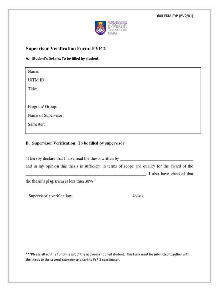 600-FKM - Fyp (PV2-01) - Supervisor Verification Form | PDF