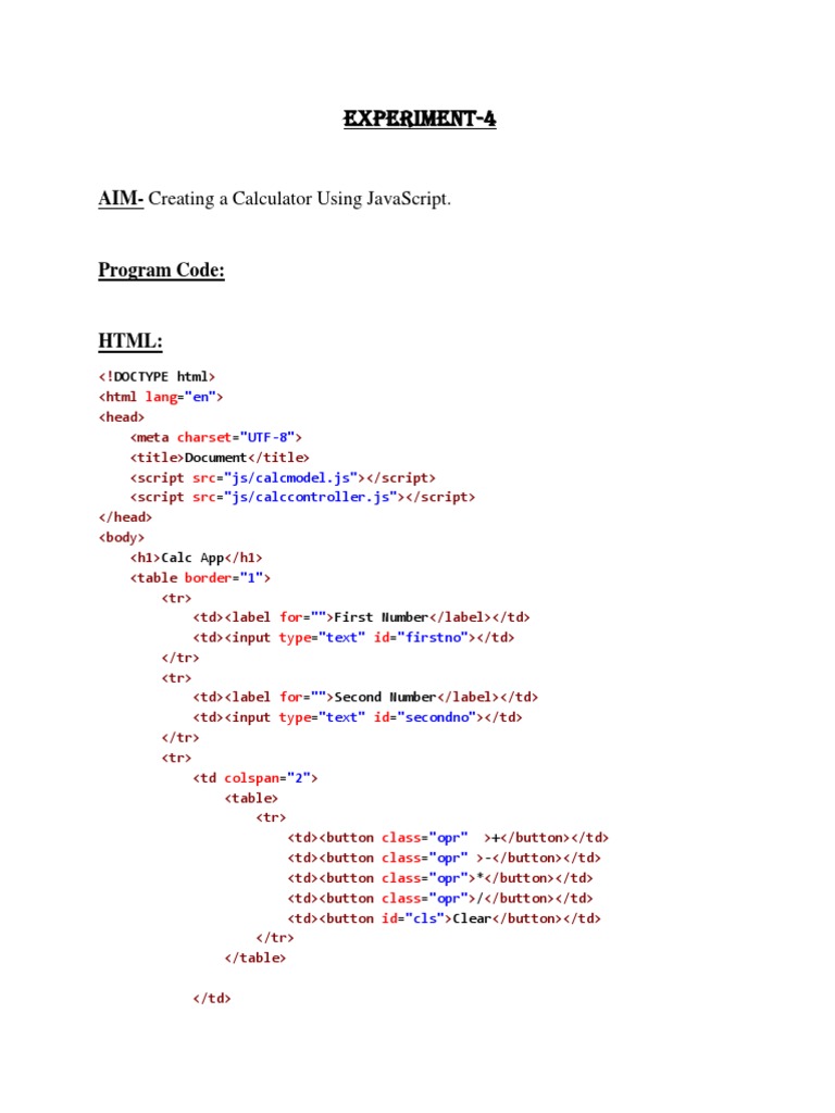 Experiment-4: Aim-Creating A Calculator Using Javascript | PDF