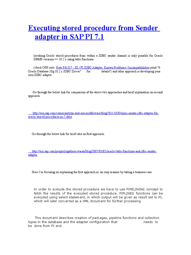 Executing Stored Procedure From Sender Adapter in SAP PI 7 | Download Free PDF | Subroutine ...