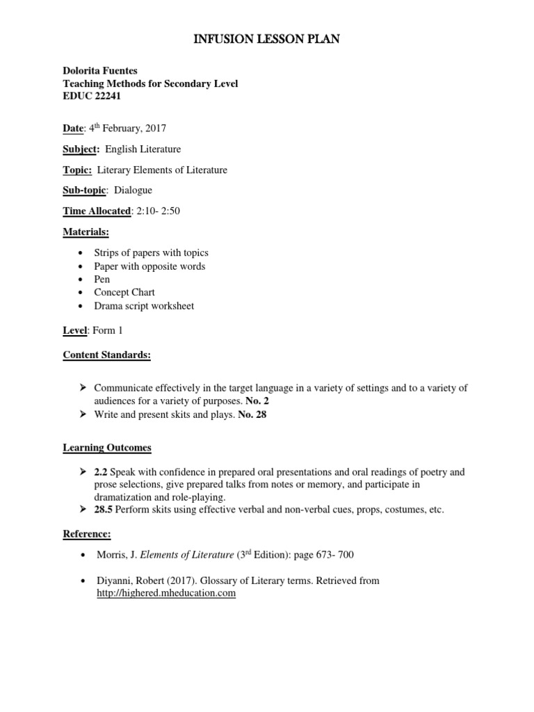 Literature Infusion Lesson Plan | PDF | Lesson Plan | Conversation