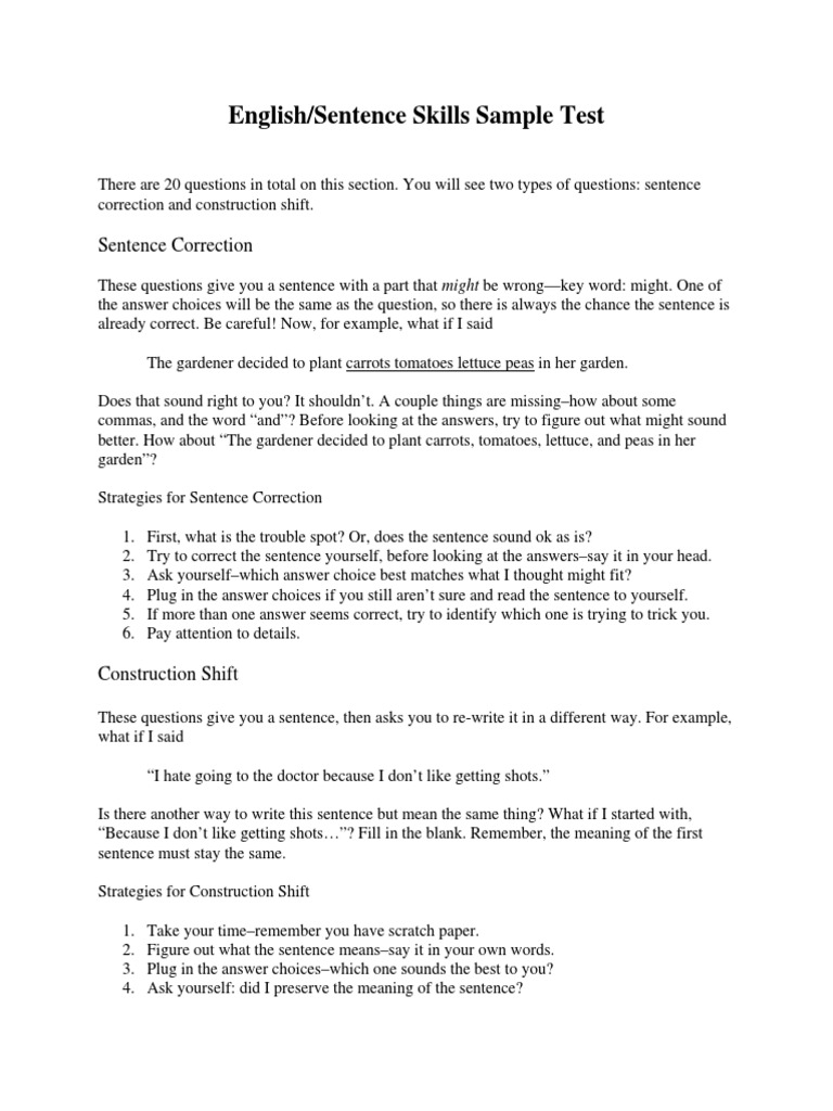 English/Sentence Skills Sample Test | PDF | Sentence (Linguistics)