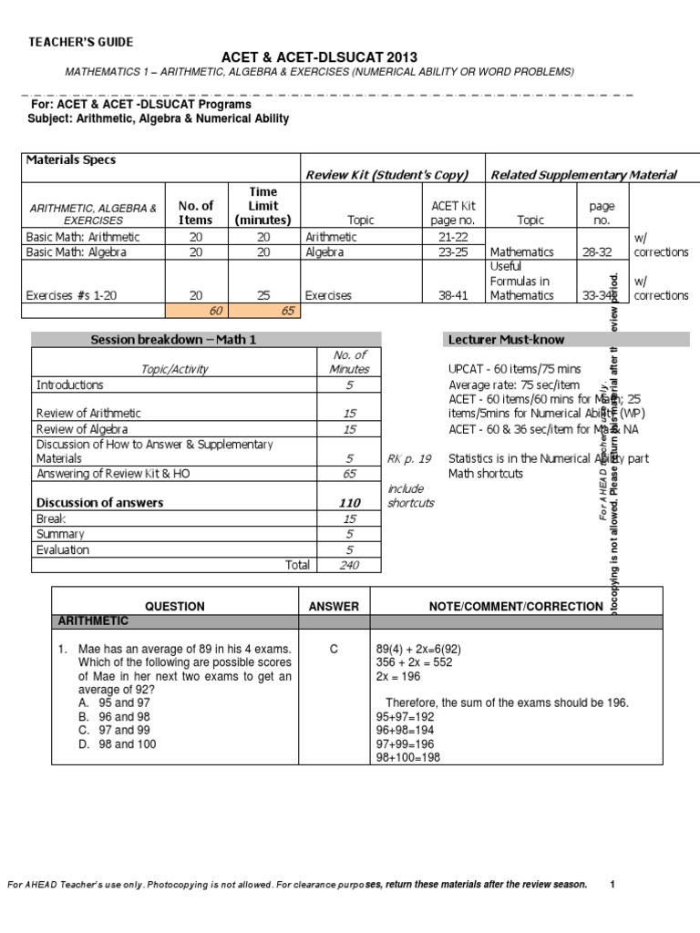 ACET Mathematics | PDF | Algebra | Arithmetic