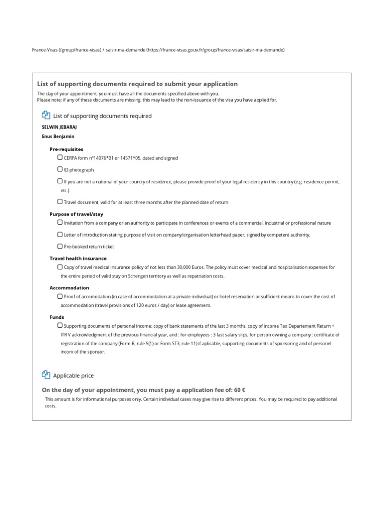 France Visa Document Requirements Checklist | PDF | Travel Visa | Economies