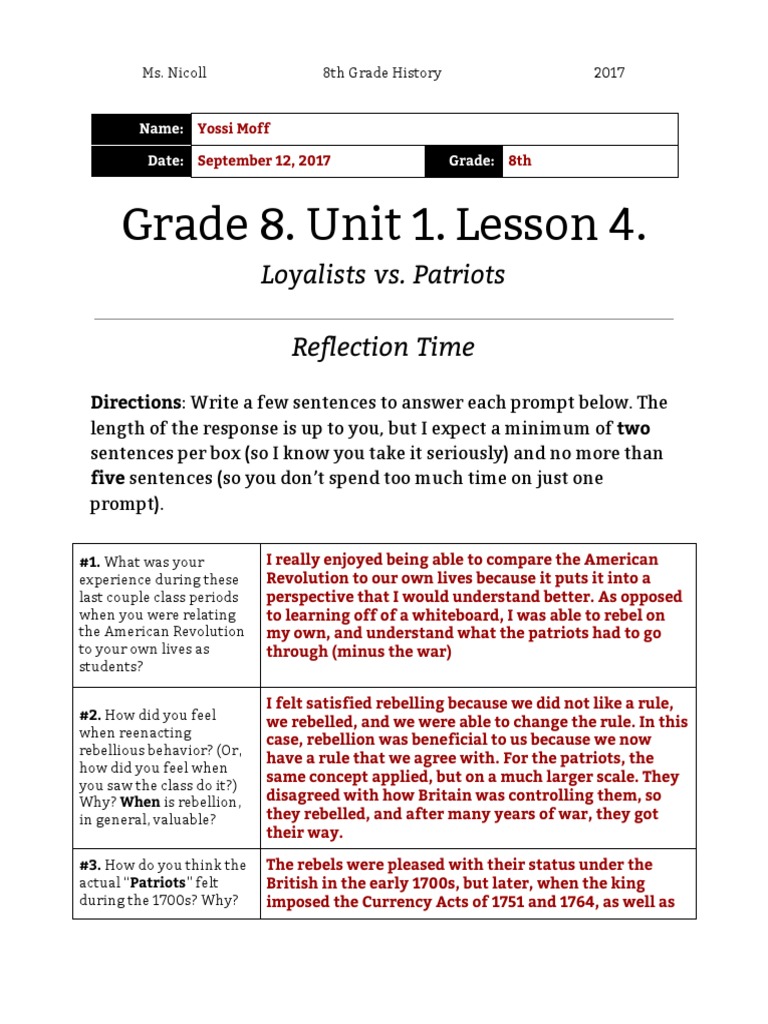 Yossi Moff - Unit 1 Lesson 4 - 8th Grade - Reflection Loyalists Vs ...